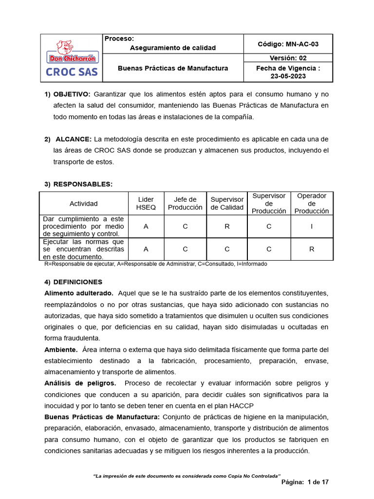 Mn-Ac-03 Manual de BPM | PDF | Alimentos | Seguridad alimenticia