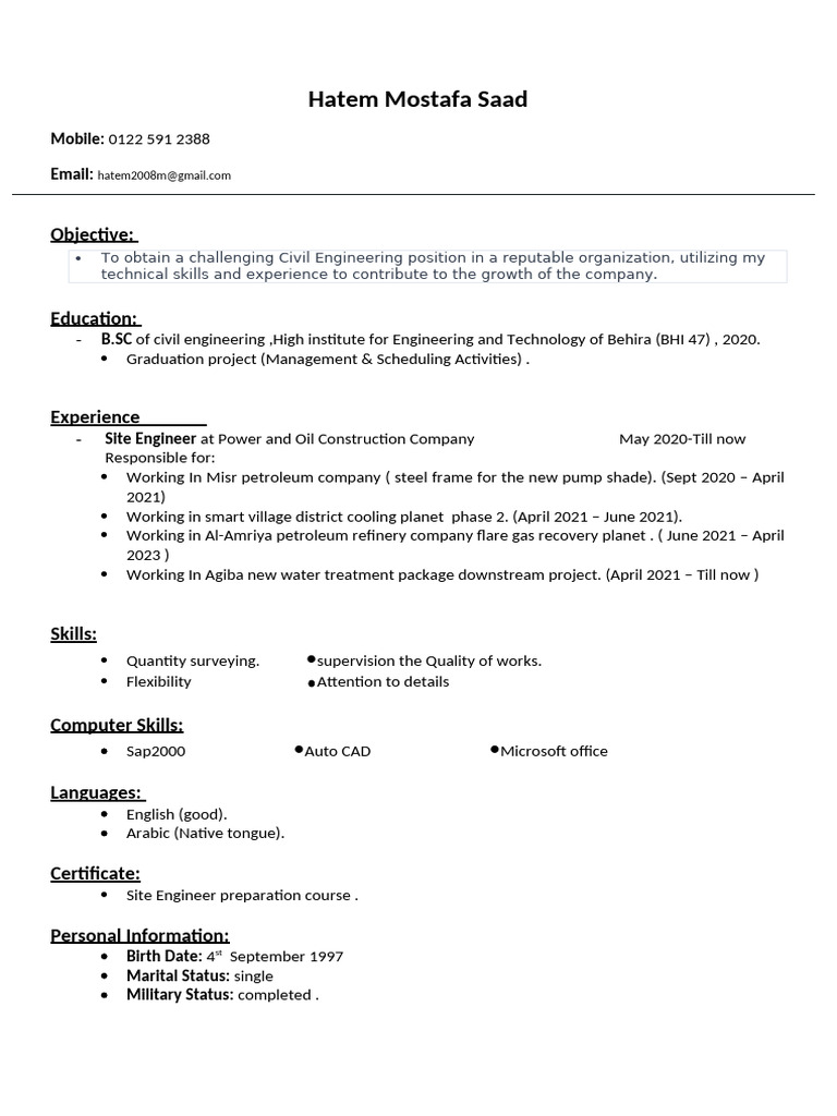 Civil Engineer Resume: Hatem Mostafa Saad | PDF