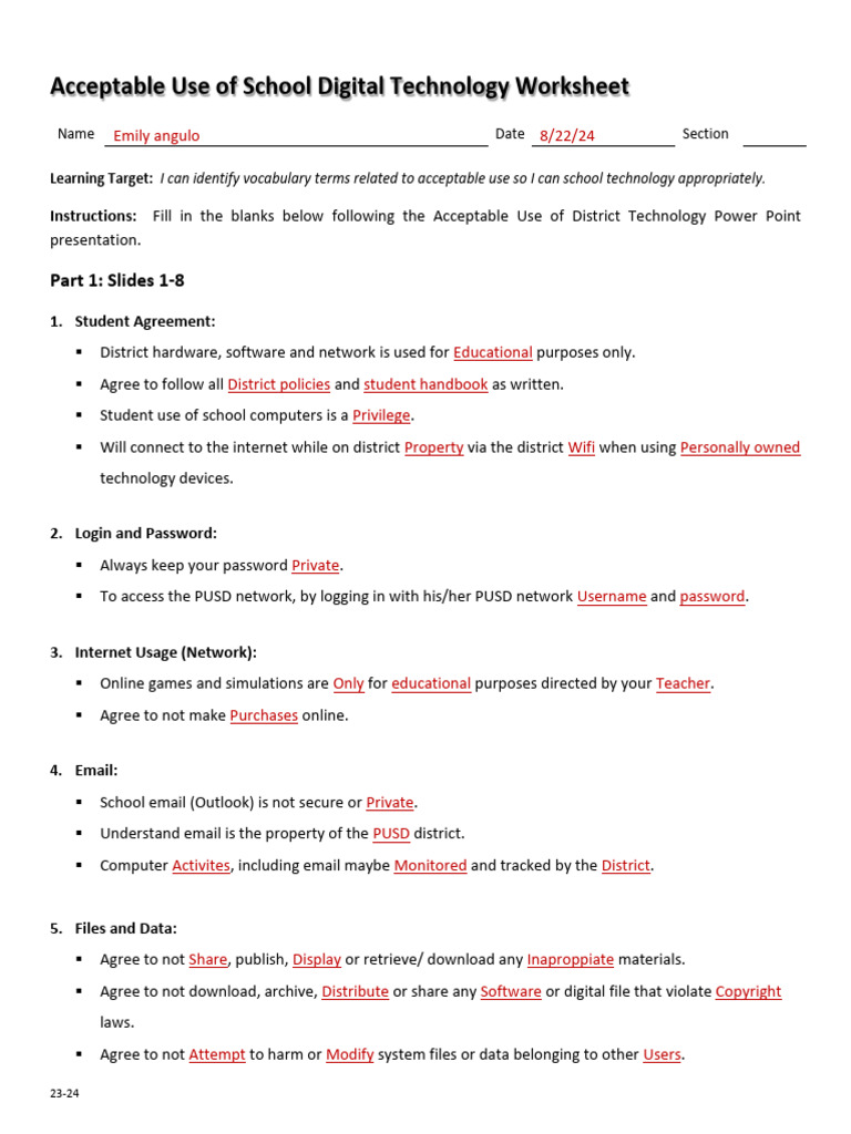 Acceptable Use of School Digital Technology Worksheet | PDF | Password ...