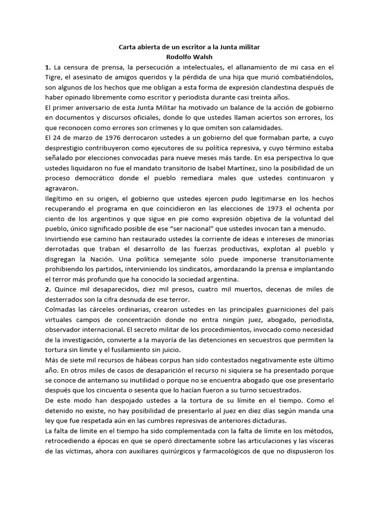 Carta de Walsh a la Junta Militar | PDF