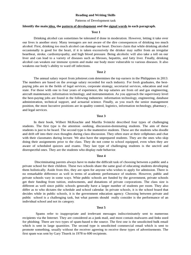 Reading and Writing Skills Activity Main Idea | PDF | Email Spam