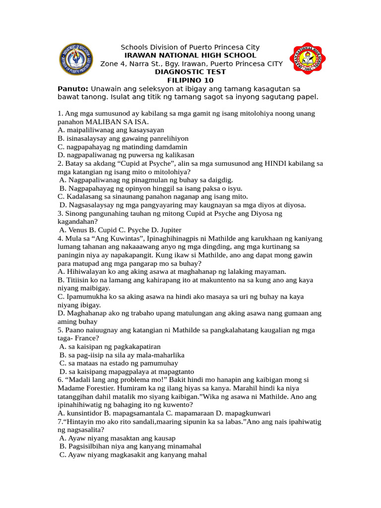 Diagnostic Test in Filipino 10 | PDF