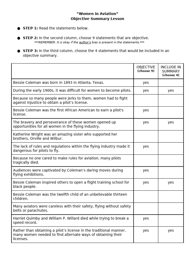 STUDENT Objective Summary - Women in Aviation | PDF