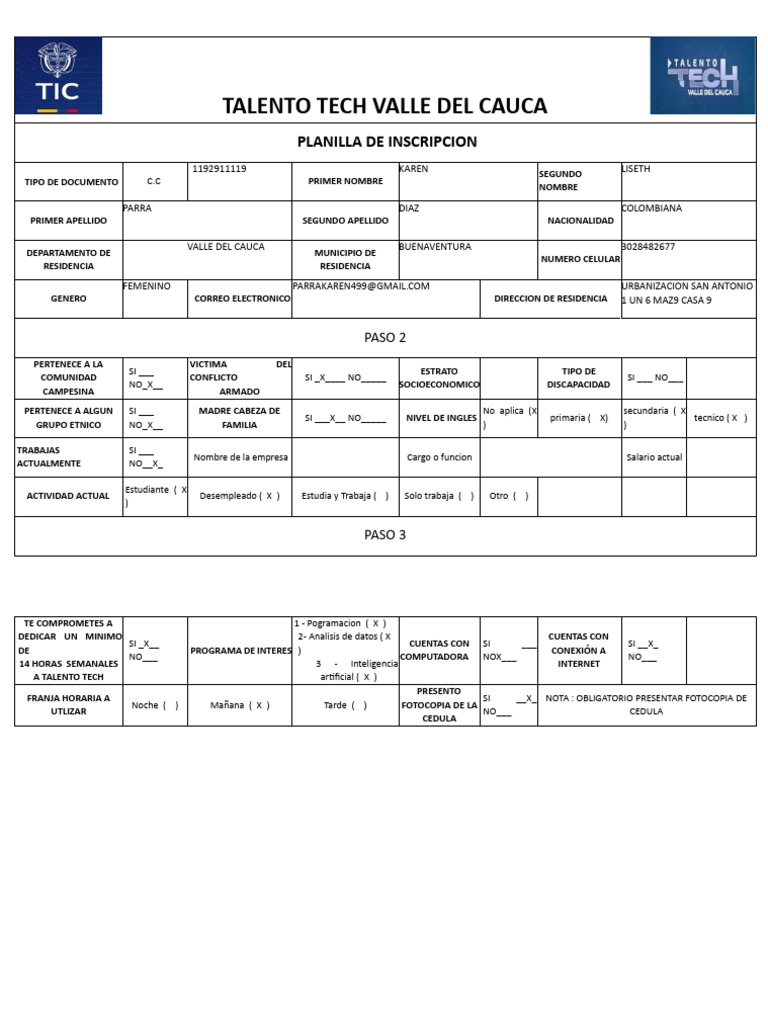 Planilla Inscripcion Talento Tech 2024 (1) Karen | PDF | Informática