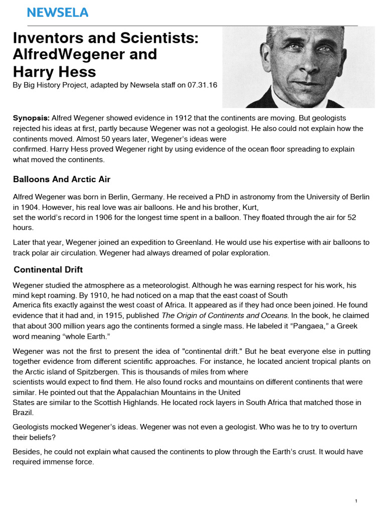 Wegener & Hess Article | PDF | Plate Tectonics | Continent