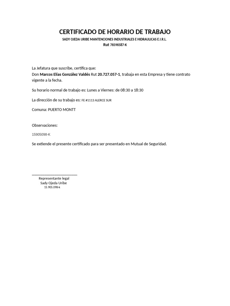 Certificado de Horario de Trabajo | PDF