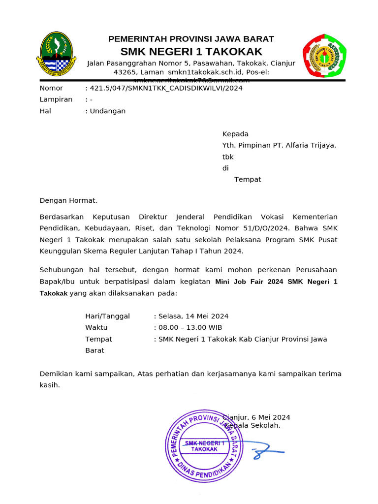 Undangan Mini Job Fair SMKN 1 Takokak | PDF