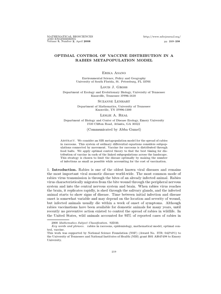 Optimal Control of Vaccine Distribution in A Rabies Metapopulation Model - Erika Asano | PDF ...