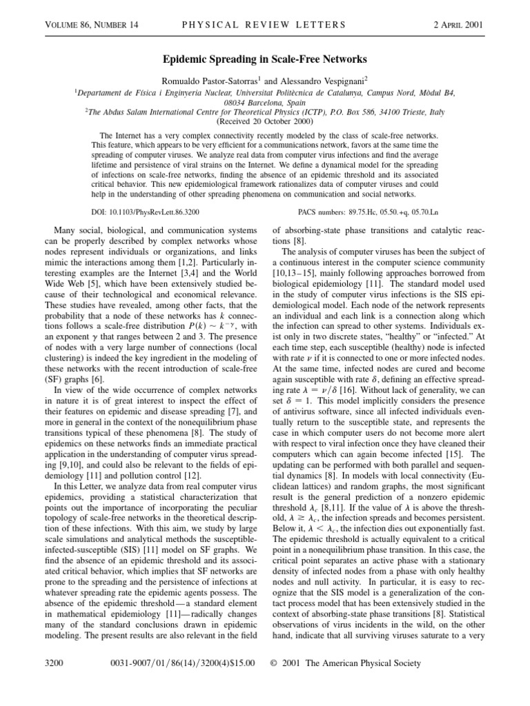 Epidemic Spreading in Scale-Free Networks - Romualdo Pastor-Satorras and Alessandro Vespignani ...
