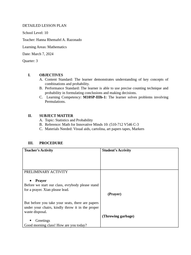 Intern Lesson Plan | PDF | Learning | Mathematics