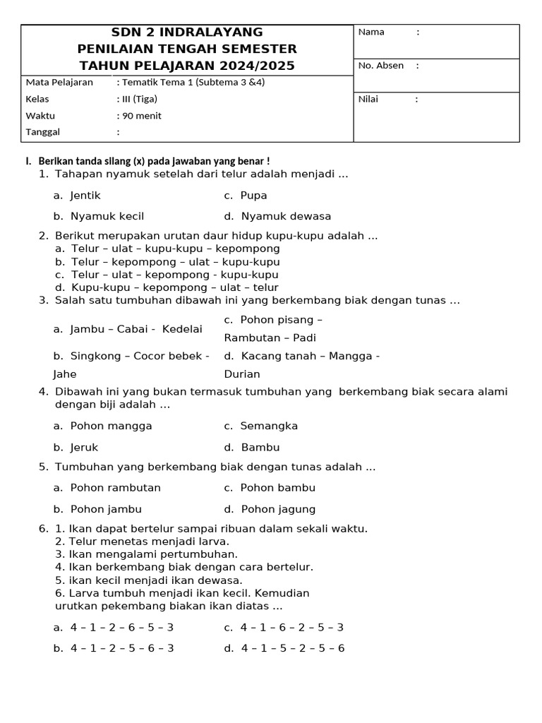 SOAL PTS KELAS 3 TEMA 1 Bagian 2 | PDF