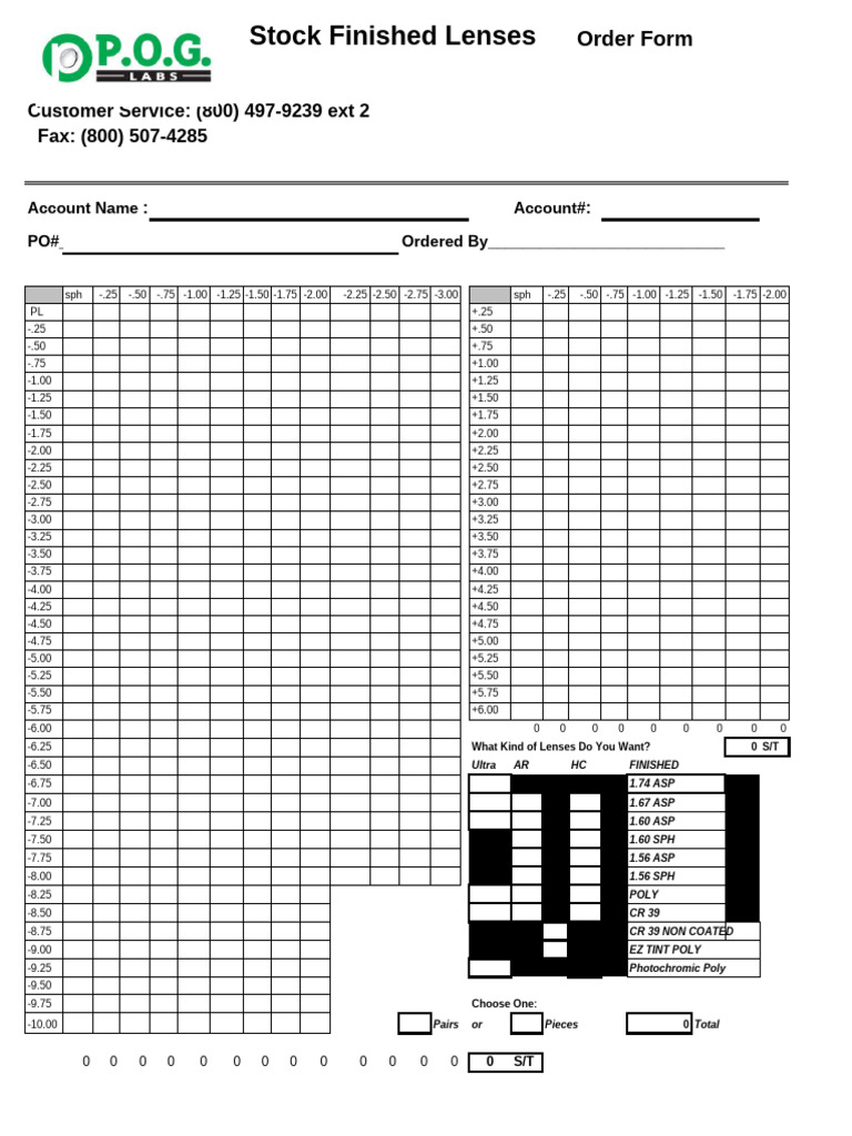 Stock Finished Lenses Order Form | PDF