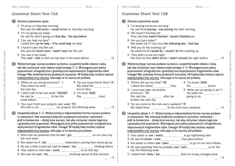 Unit 12 Short Test Grammar A&b | PDF