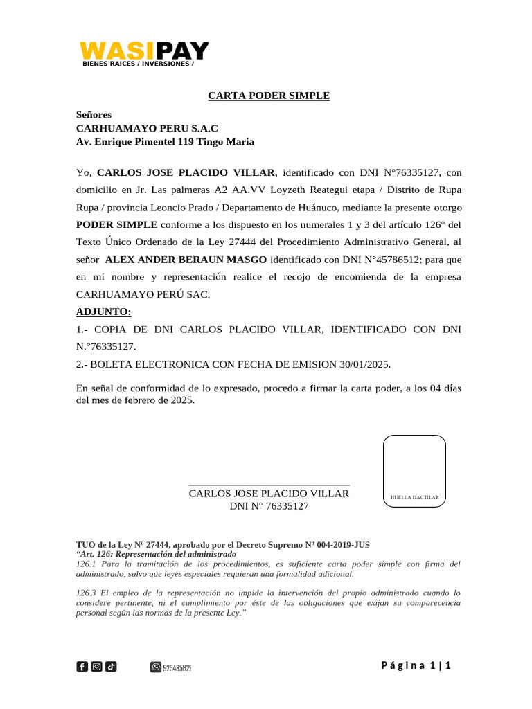 Modelo de Carta Poder Simple Perú | PDF