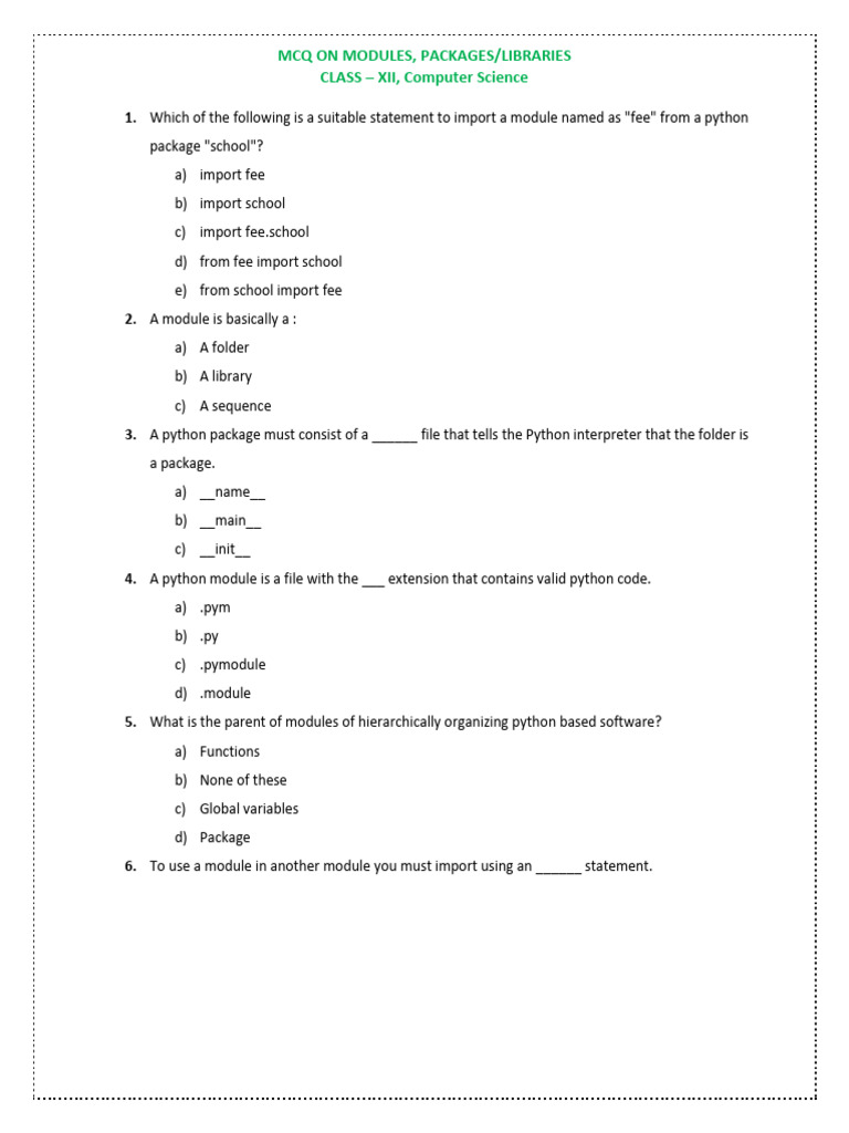MCQ On Modules, Packages/Libraries CLASS - XII, Computer Science | PDF
