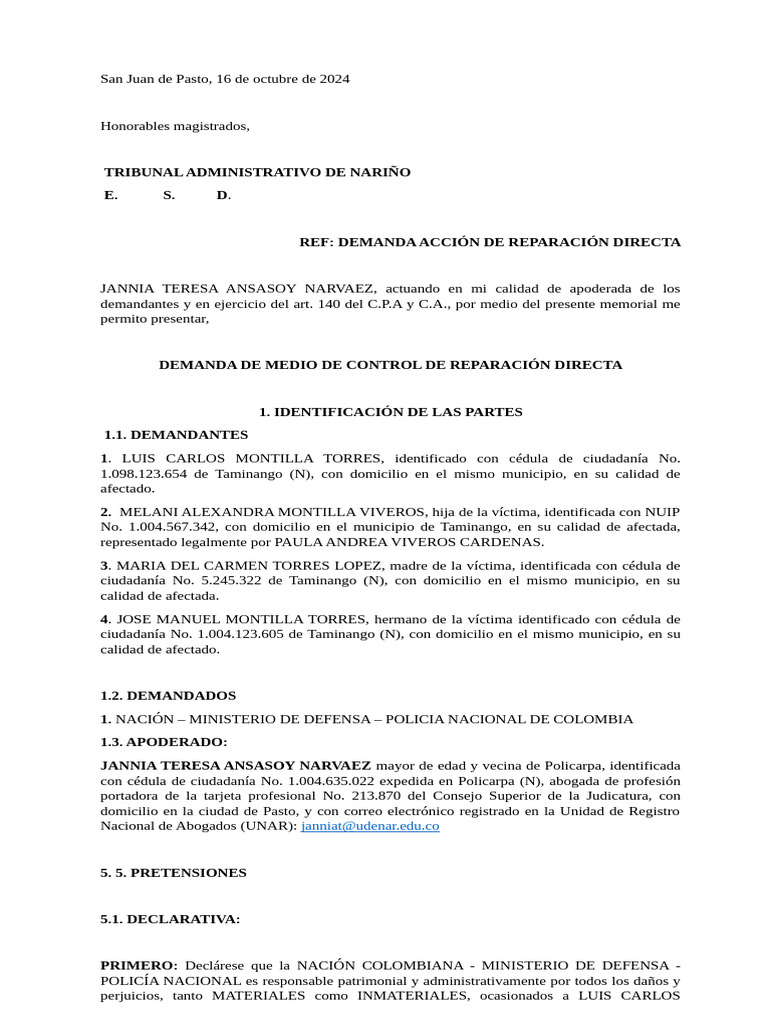 Demanda de Reparación Directa | PDF | Salario mínimo | Daños y perjuicios