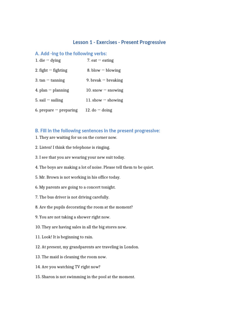 Present Continuous Exercises | PDF