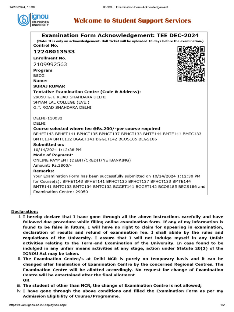 IGNOU - Examination Form Acknowledgement | PDF