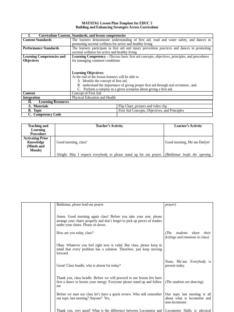 Matatag Lesson Plan Template for Educ 5 Advincula & Montes | PDF ...