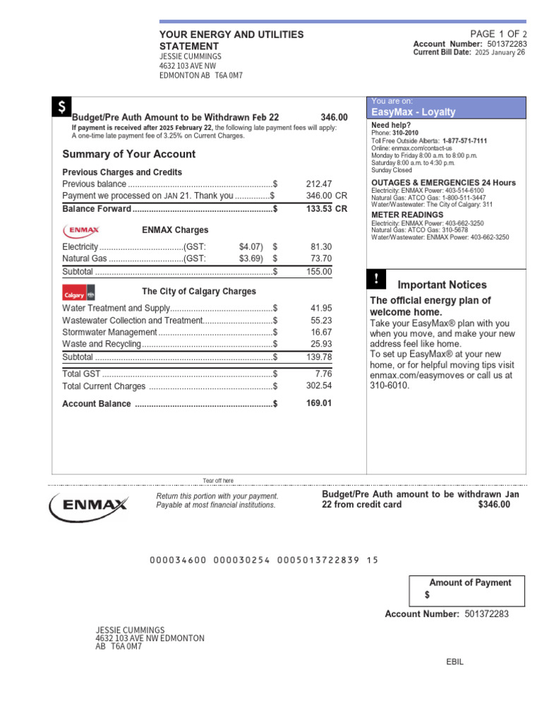 ENMAX Energy and Utilities Bill Summary | PDF | Fee | Taxes