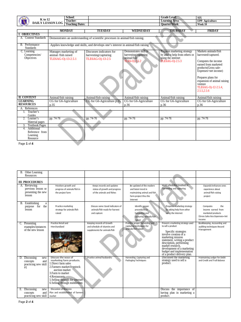 DLL EPP Agriculture Grade6 Quarter2 Week10 (Palawan Division) | PDF | Learning