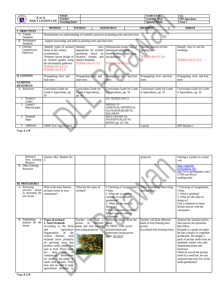 DLL EPP Agriculture Grade6 Quarter2 Week3 (Palawan Division) | PDF | Trees | Seed
