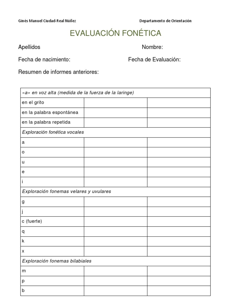 Evaluacion Fonetica | PDF | Fonema | Patología del habla y Lenguaje