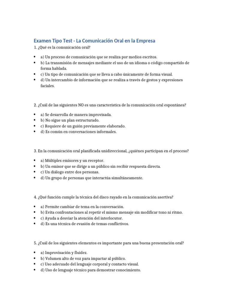 Examen Tipo Test Comunicacion Empresarial Completo | PDF | Comunicación ...