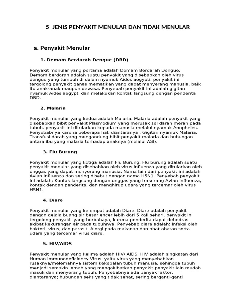 Jenis Penyakit Menular Dan Tidak Menular | PDF