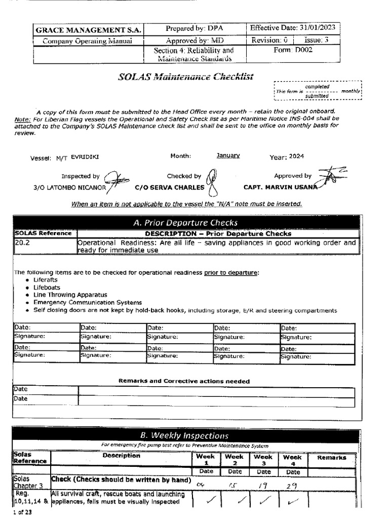 d002 Solas Maintenance Checklist 1 | PDF