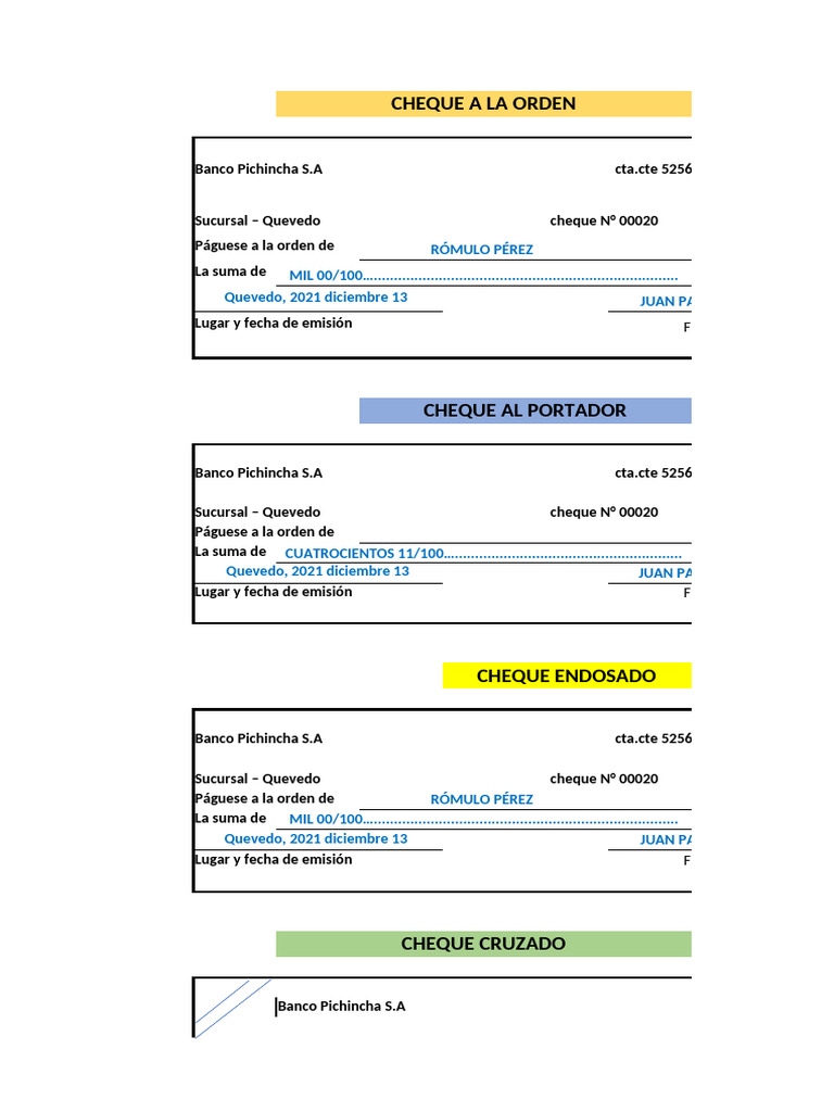 Cheques Banco Pichincha: Ejemplos y Modelos | PDF | Cheque