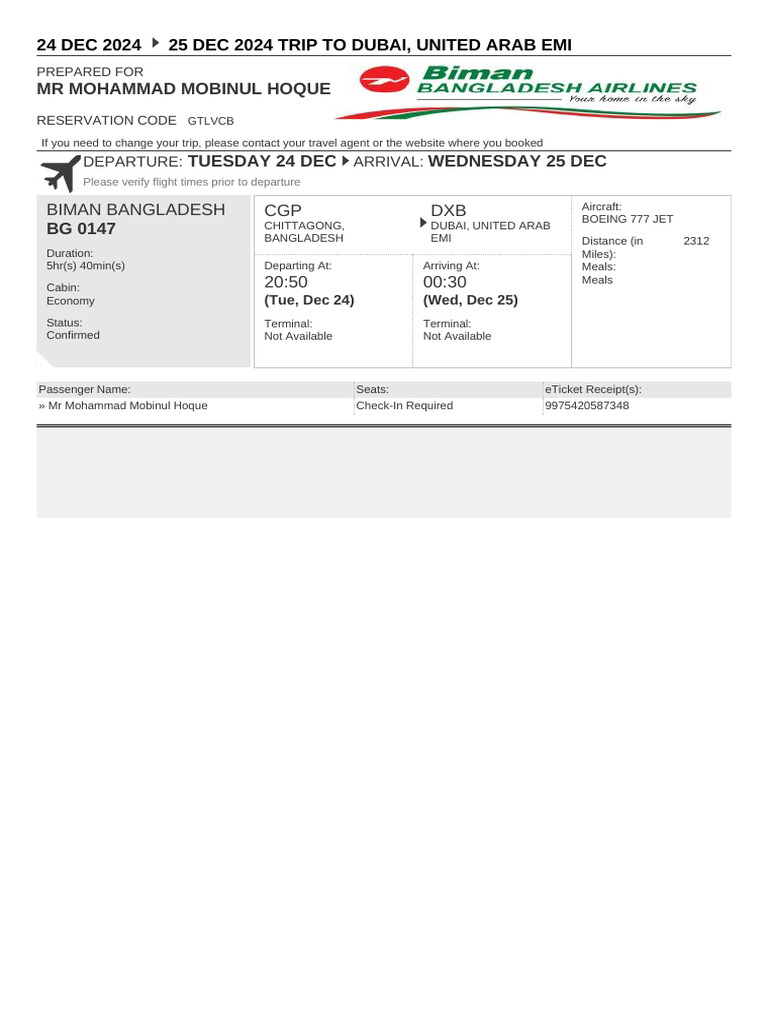 Travel Reservation December 24 For MR MOHAMMAD MOBINUL HOQUE | PDF