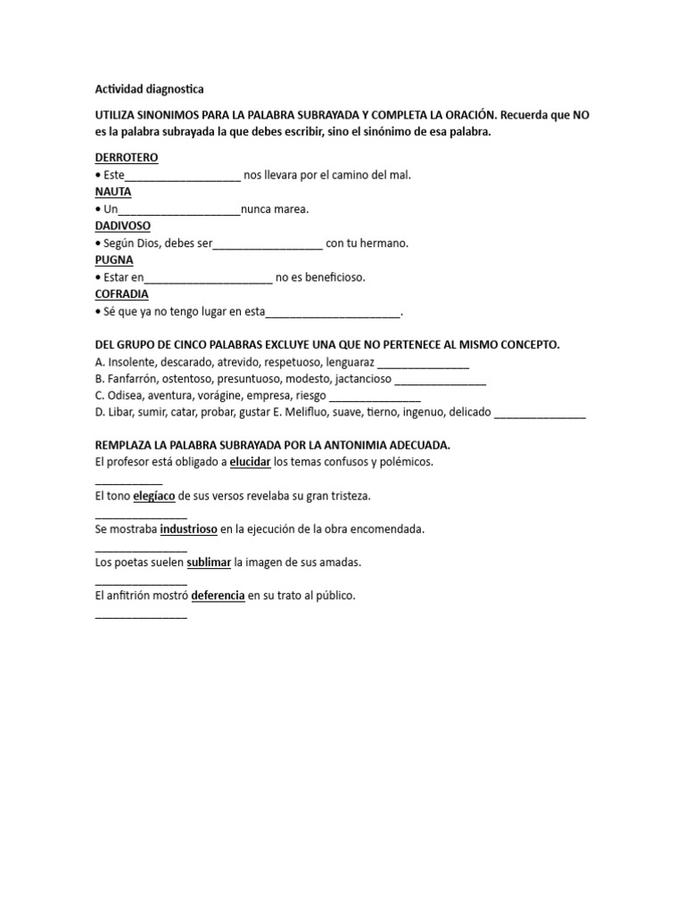 Ejercicios de Sinónimos y Antónimos | PDF