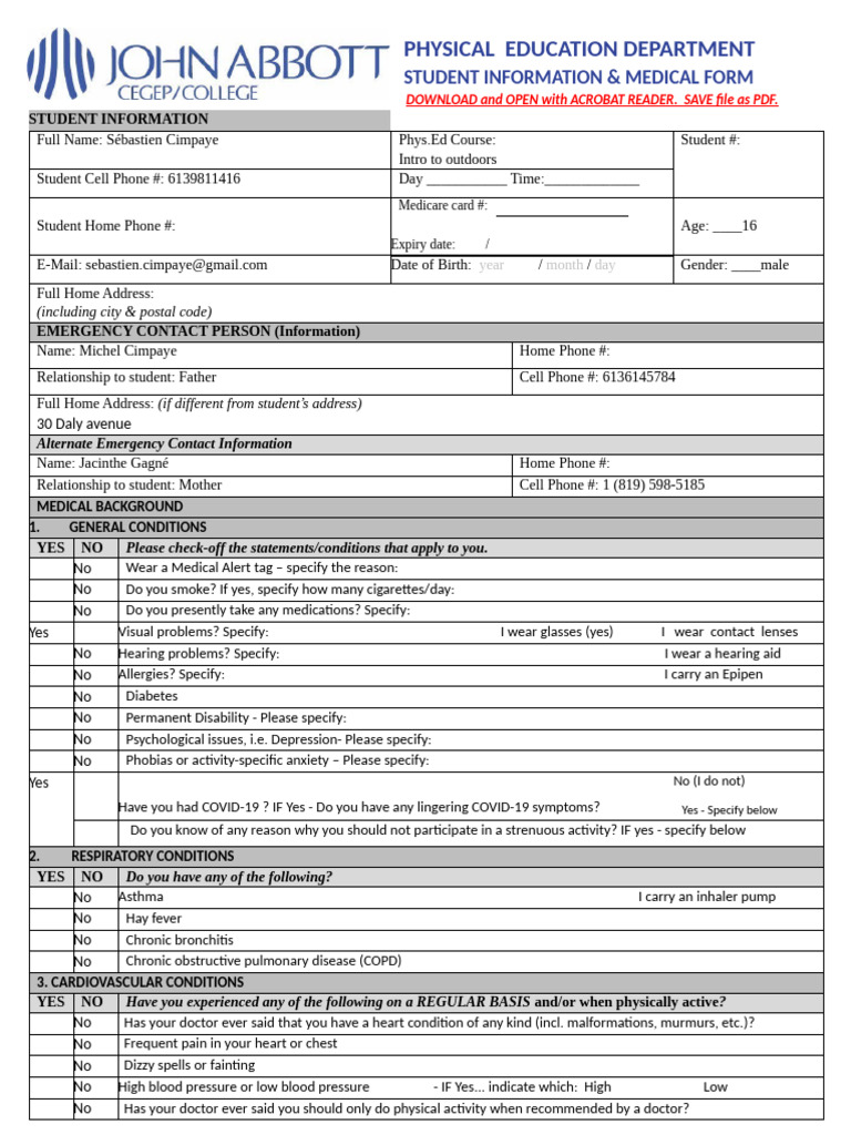 Student Medical Form for Phys Ed Course | PDF | Thorax | Respiratory ...
