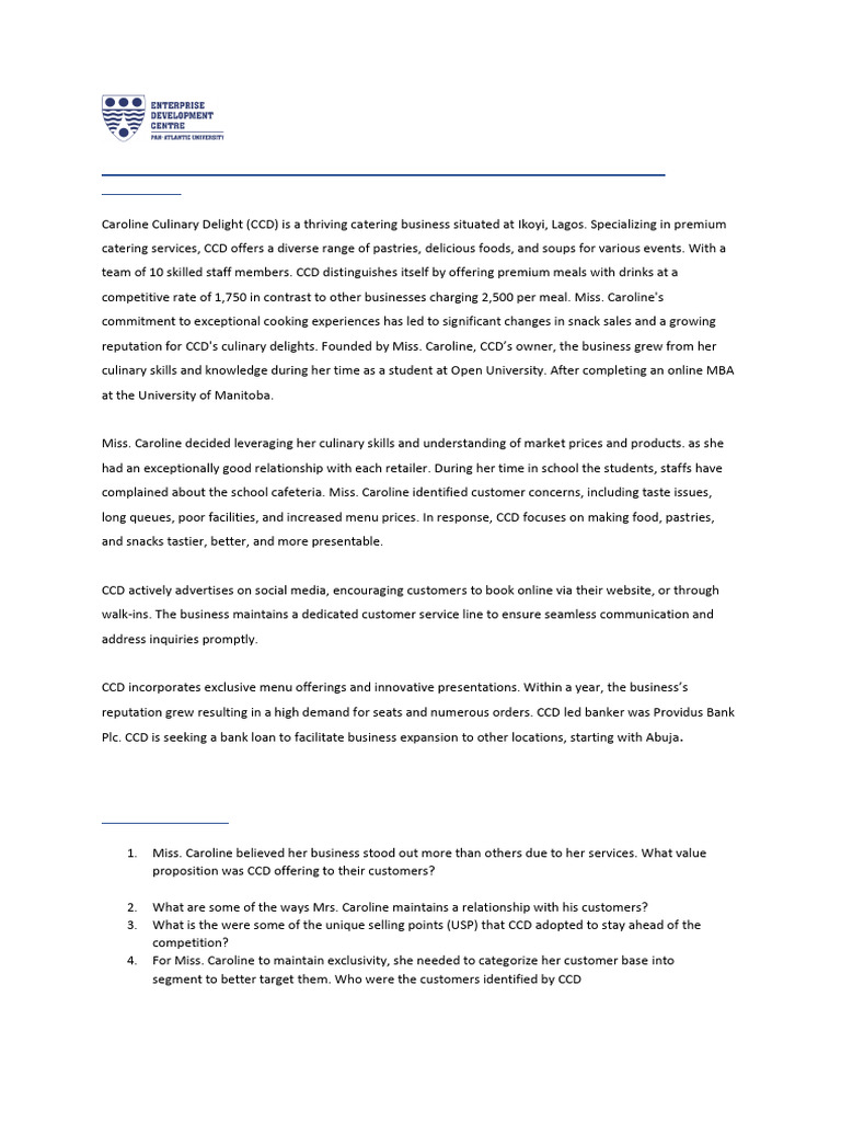 Case Study - Caroline Culinary Delights | PDF