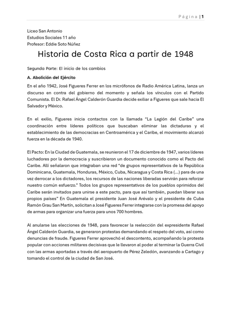 Historia de Costa Rica: Cambios desde 1948 | PDF