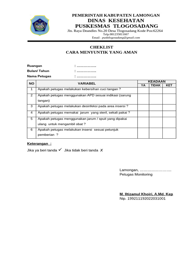 Checklist Aman Suntik di Puskesmas Lamongan | PDF
