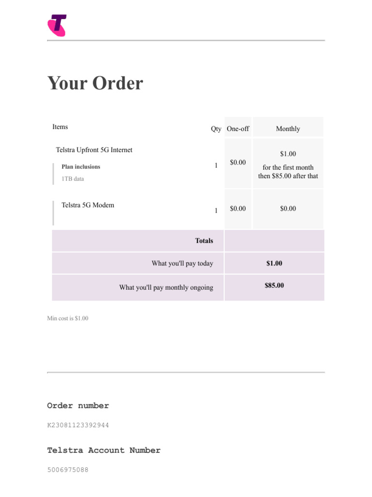 Telstra 5G Internet Order Summary | PDF