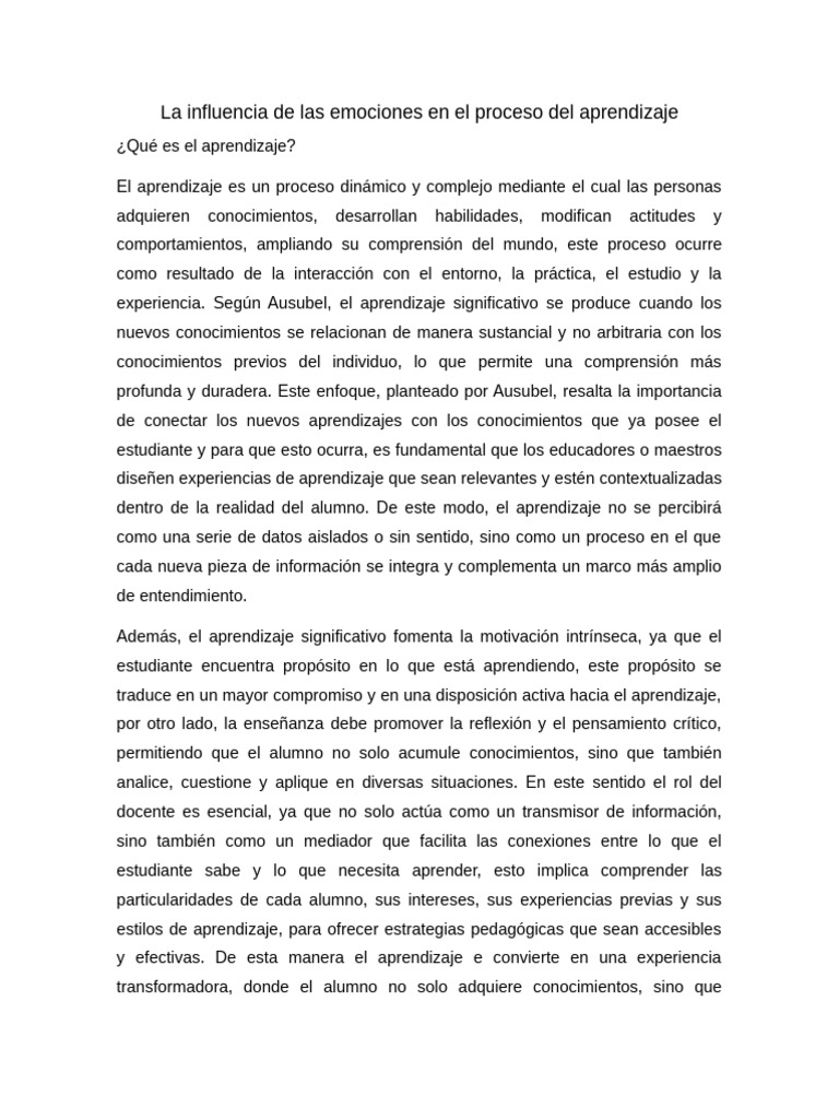 Emociones Y Su Impacto En El Aprendizaje Pdf Aprendizaje Las
