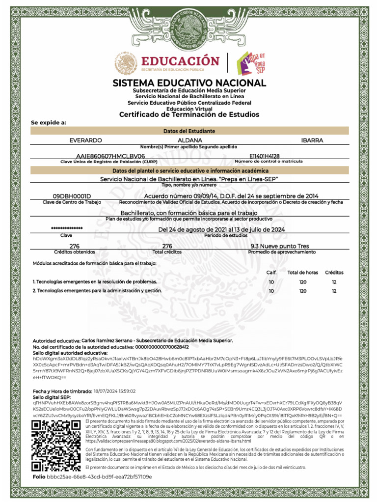 Certificado Prepa en Línea SEP 2024 | PDF