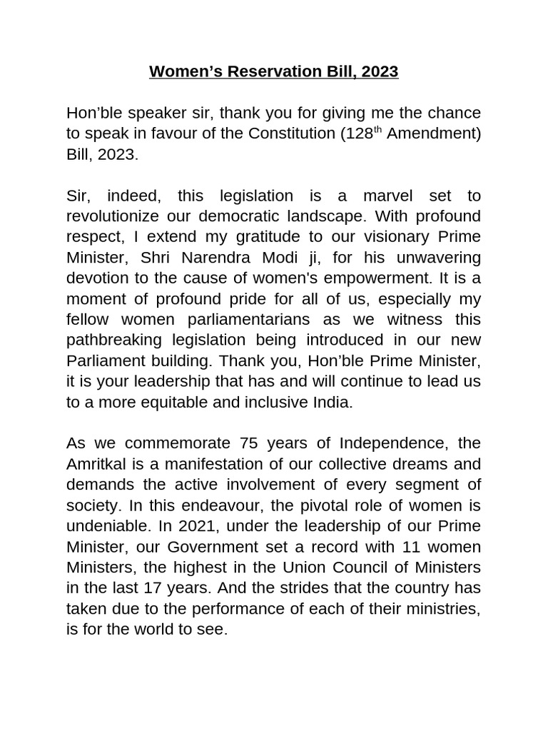 Women's Reservation Bill 2023 Overview | PDF | Government
