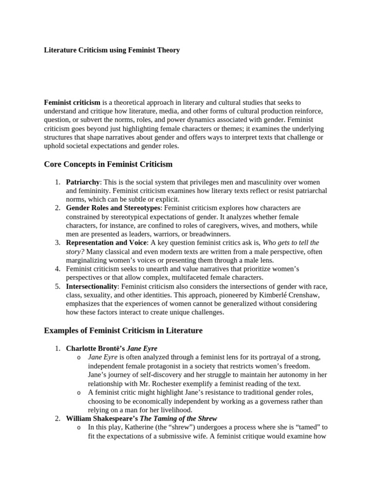 Feminist Criticism Is A Theoretical Approach in Literary and Cultural ...