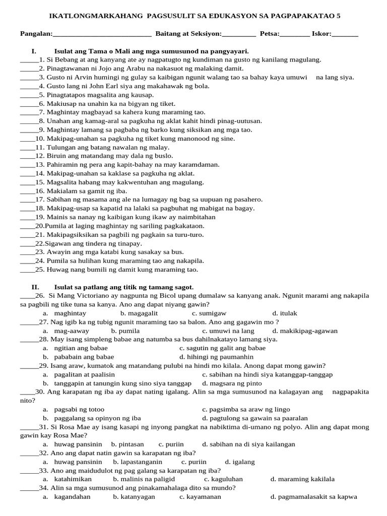 Grade 5 3rd Periodic Test 5 Pdf