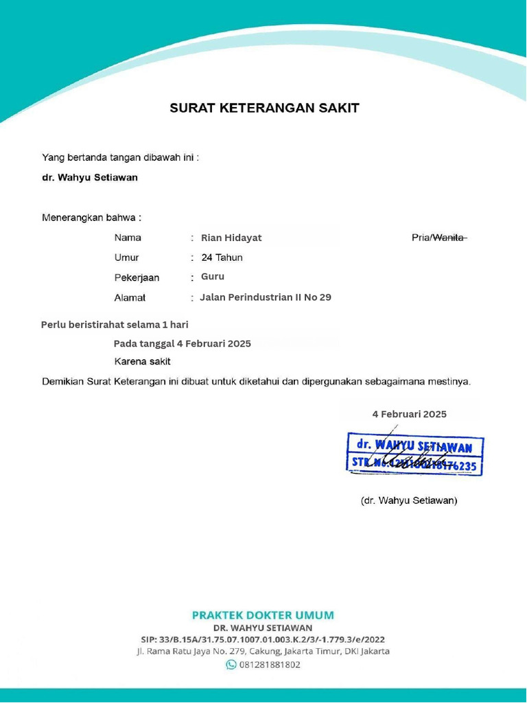 Surat Sakit Rian Hidayat | PDF