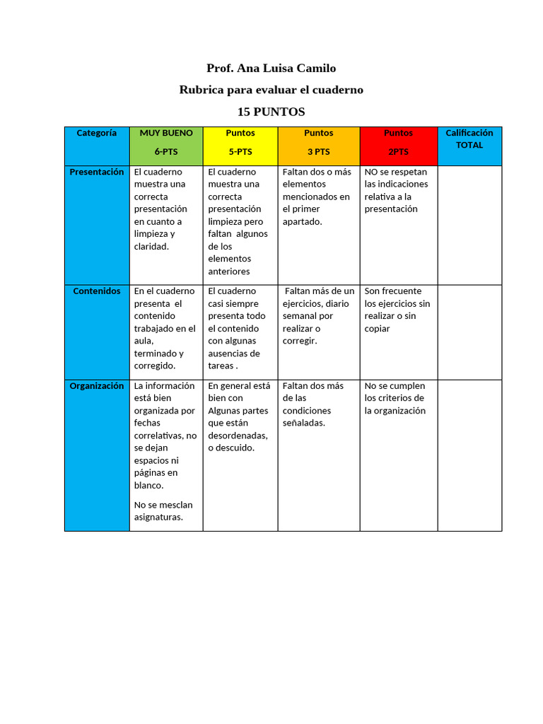 Rubrica de Evaluación del Cuaderno Escolar | PDF