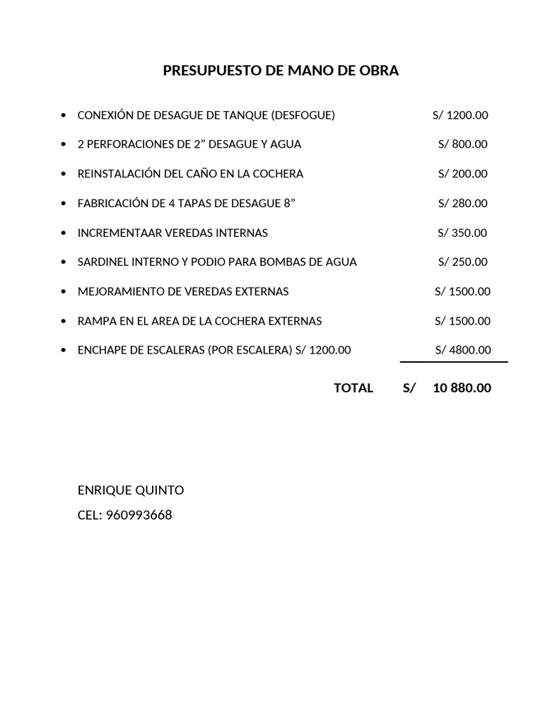 Presupuesto de Mano de Obra | PDF