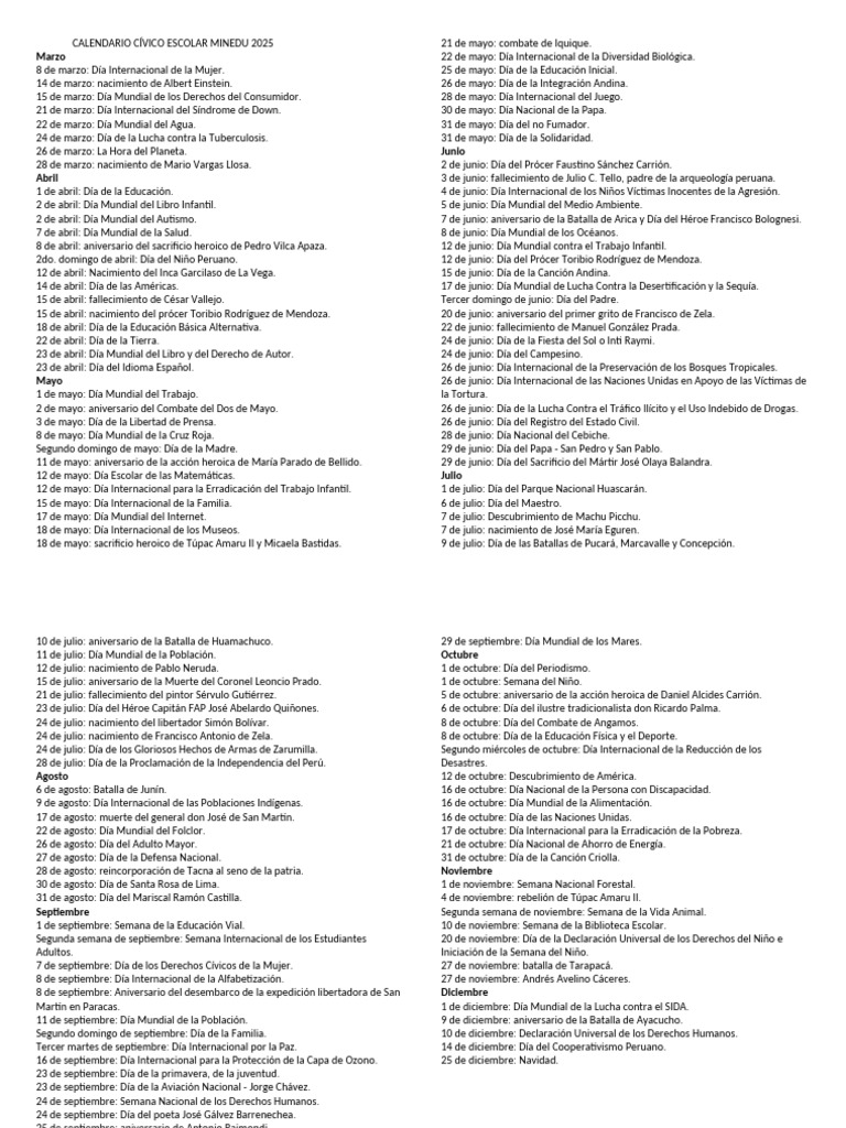Calendario Civico Escolar 2025 | PDF | Perú