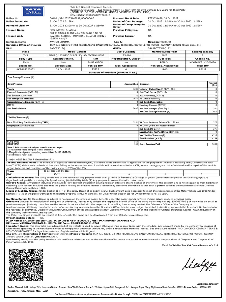 Tata AIG Two Wheeler Insurance Policy | PDF | Insurance | Deductible
