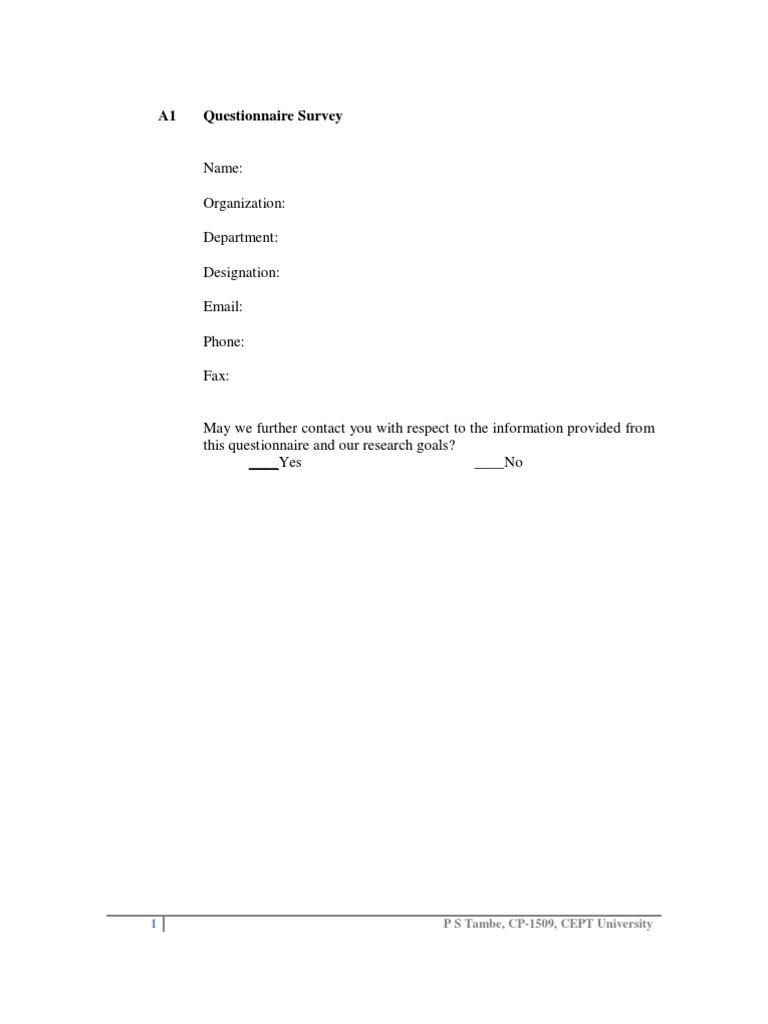A1 Questionnaire Survey: Name: Organization: Department: Designation ...