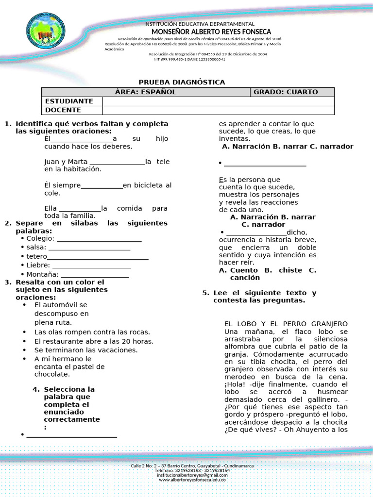 Prueba Diagnostica Español-Grado 4°-2025 | PDF